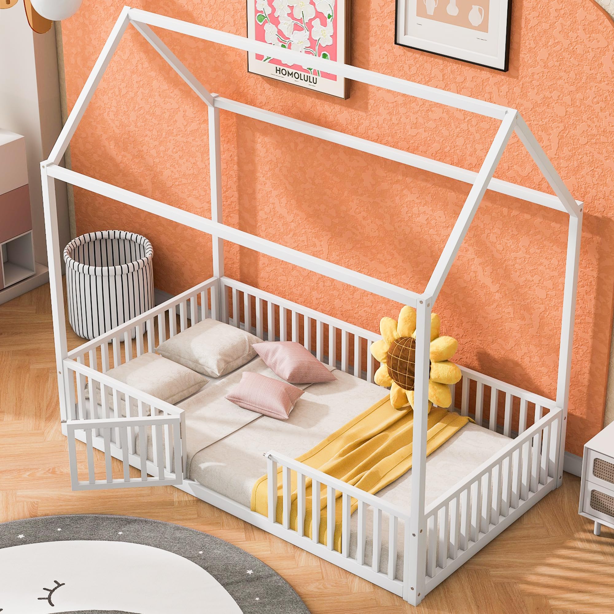 Merax Twin Size Montessori Floor Bed, Metal House Bed Frame with Roof for Kids, Teens, Girls, and Boys, No Box Spring Needed, White