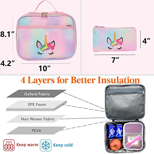 BIBDOO Kids Backpack for Girls with Insulated Lunch Box Toddler School Bag Set (Unicorn)