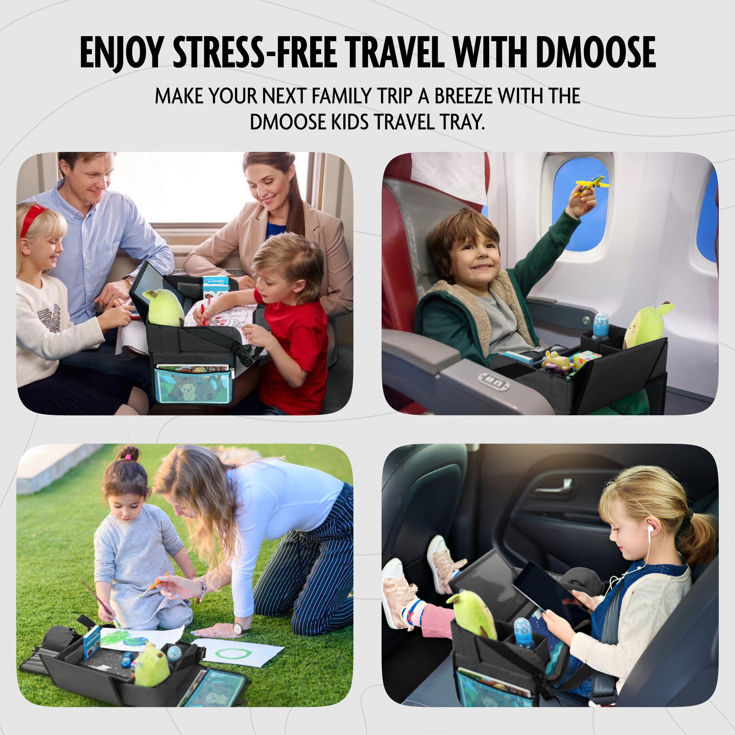 DMoose Kids Travel Tray, Toddler Car Seat Lap Activity Tray with Padded Comfort Base, Side Walls, Mesh Snack Pockets, Tablet Holder, Waterproof Car Seat, Stroller, Airplane Play and Learn Area (Black)