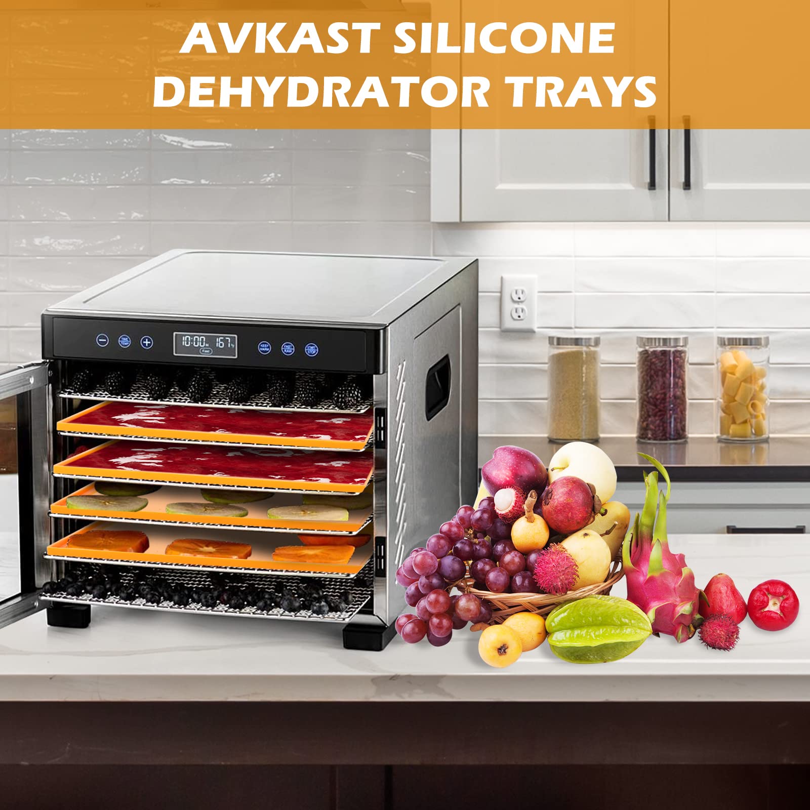 6PCS Silicone Dehydrator Sheets with Edge,Avkast Fruit Leather Trays Compatible with Cosori CP267-FD,Non-stick Dehydrator Trays for Liquid Fruits Meat Vegetables Herbs with Silicone Scraper