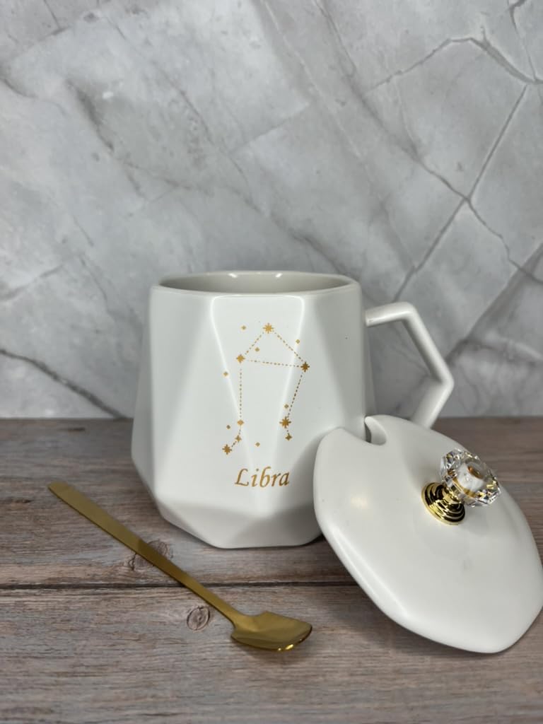 RedRoko Zodiac Sign Star Self Heating Coffee Mug - Astrology Coffee Mugs, Constellation, Astrology Zodiac Signs, Coffee Warmer Mug, Ceramic Coffee Mug with Hot Plate, Spoon & Lid - Libra - White