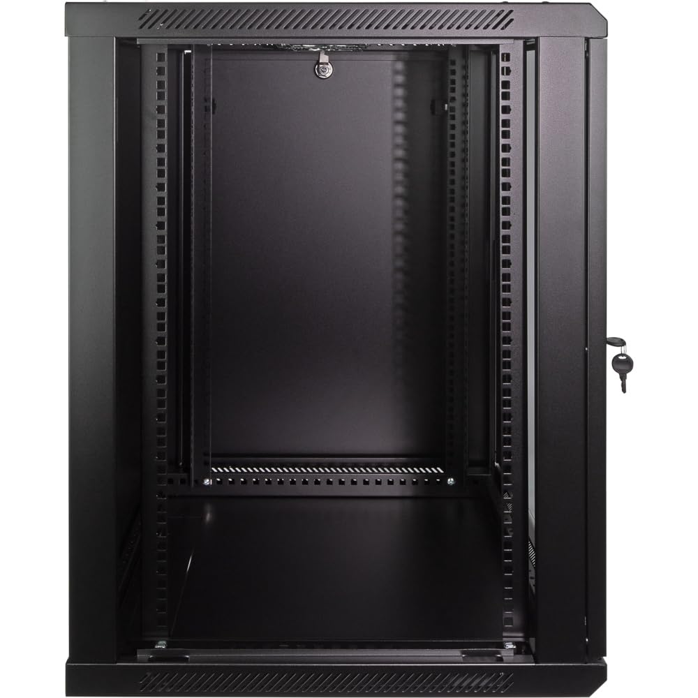 NavePoint 15U Server Rack Enclosure - 23.6” Deep, 15U Wall Mount Network Cabinet with Locking Glass Door for 19” IT Equipment, 15U Network Rack with 2 Fans, Removable Side Panels, Black
