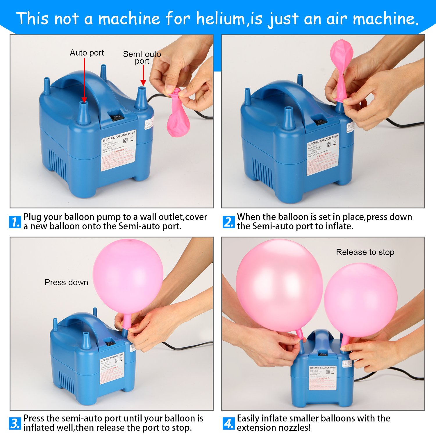 AGPtek 680W High Power Two Nozzle High Power Electric Balloon Inflator Pump Portable Blue Air Blower,Inflate in One Second, BP3-EU