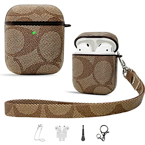 Case for AirPods 2&1 Case,6 in 1 Fashion Luxury PU Shockproof Anti-Slip Protective Cover Accessories Set for Airpods 2/1 Charging Case with Keychain/Ear Hook/Watch Band Holder/Anti-Lost Strap(Brown)