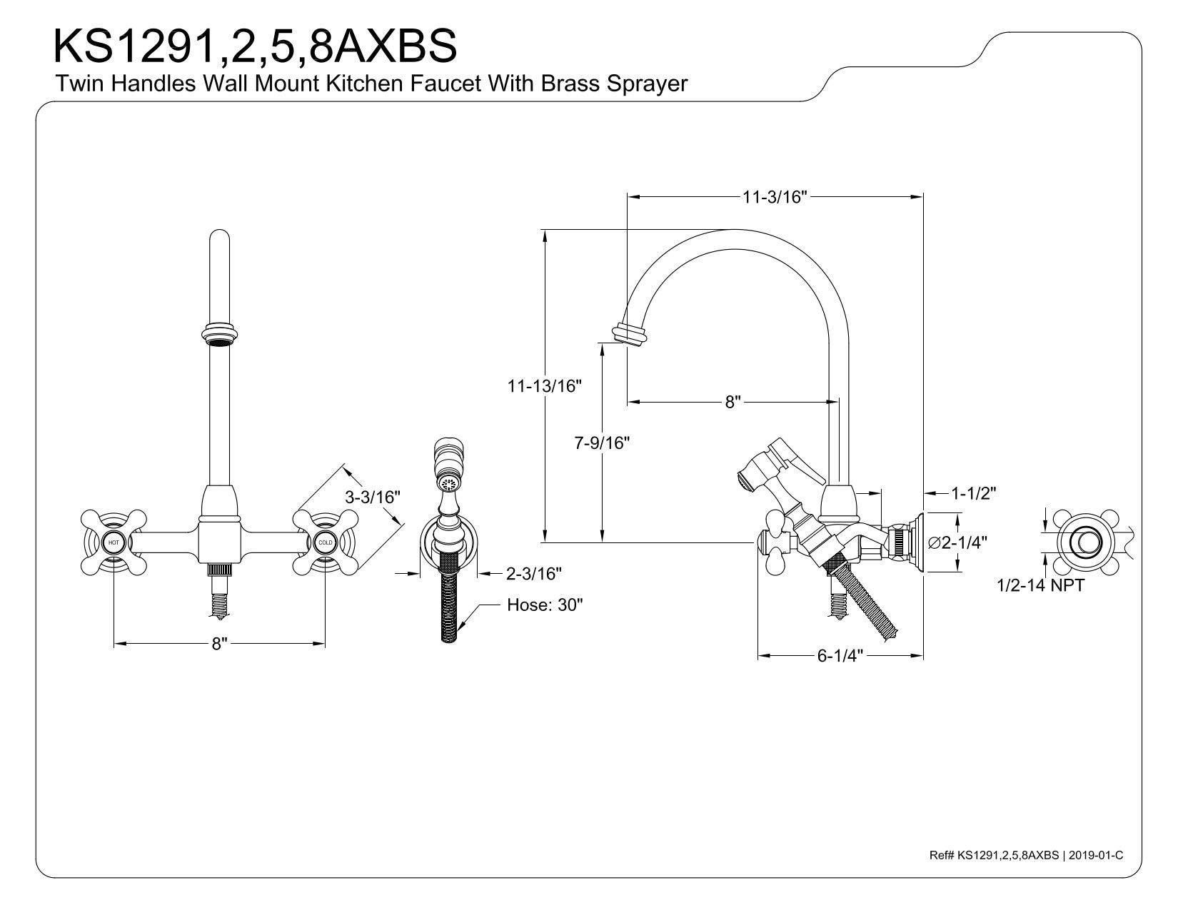 Kingston Brass KS1298AXBS Restoration Wall Mount Bridge Kitchen Faucet with Brass Sprayer, Brushed Nickel