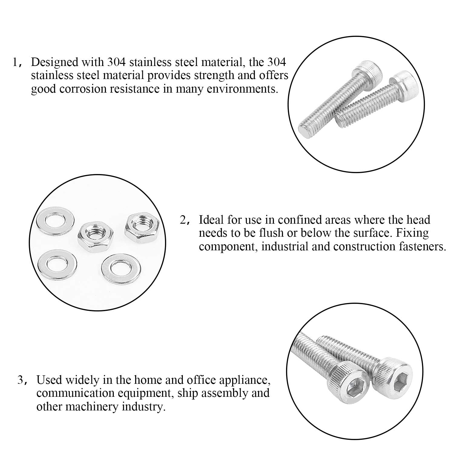 DYWISHKEY 360 Pieces M2.5 x 4mm/6mm/8mm/10mm/12mm/16mm/20mm/25mm, Stainless Steel 304 Hex Socket Head Cap Bolts Screws Washers Nuts Kit with Hex Wrench