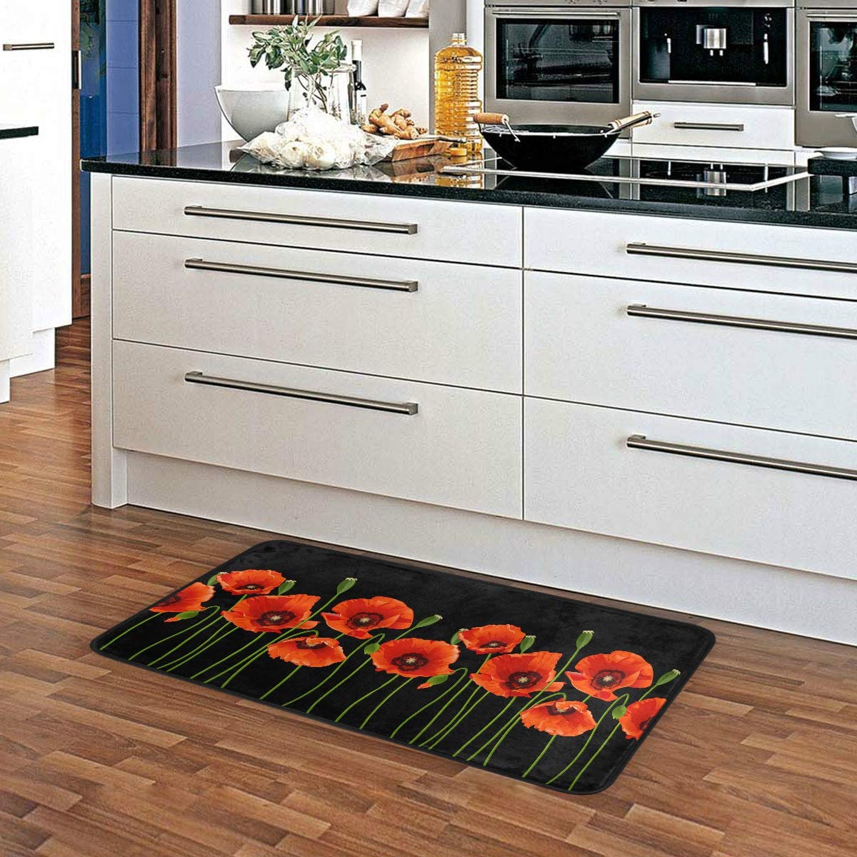 AGONA Anti Fatigue Kitchen Mat Red Poppy Flower in Black Kitchen Floor Mat Soft Standing Mats Absorbent Area Rugs Non Slip Kitchen Rugs Bath Rug Runner Carpet for Home Decor Indoor Outdoor