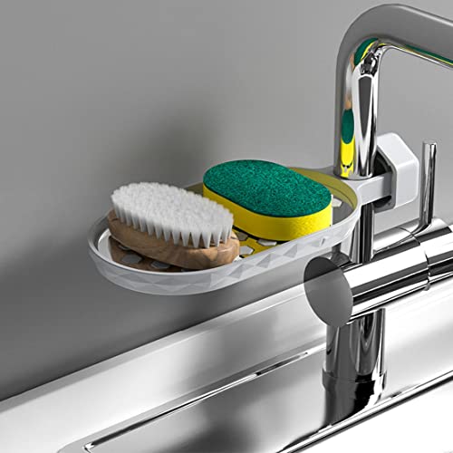 ANHORTS Kitchen Faucet Shelf Caddy Over The Sink, Sponge Holder Buckle Fixed, Organizer for Bathroom Shower Column, Soap Drainer Dish Drying Rack with Draining Board Tray, Grey- 7 inches