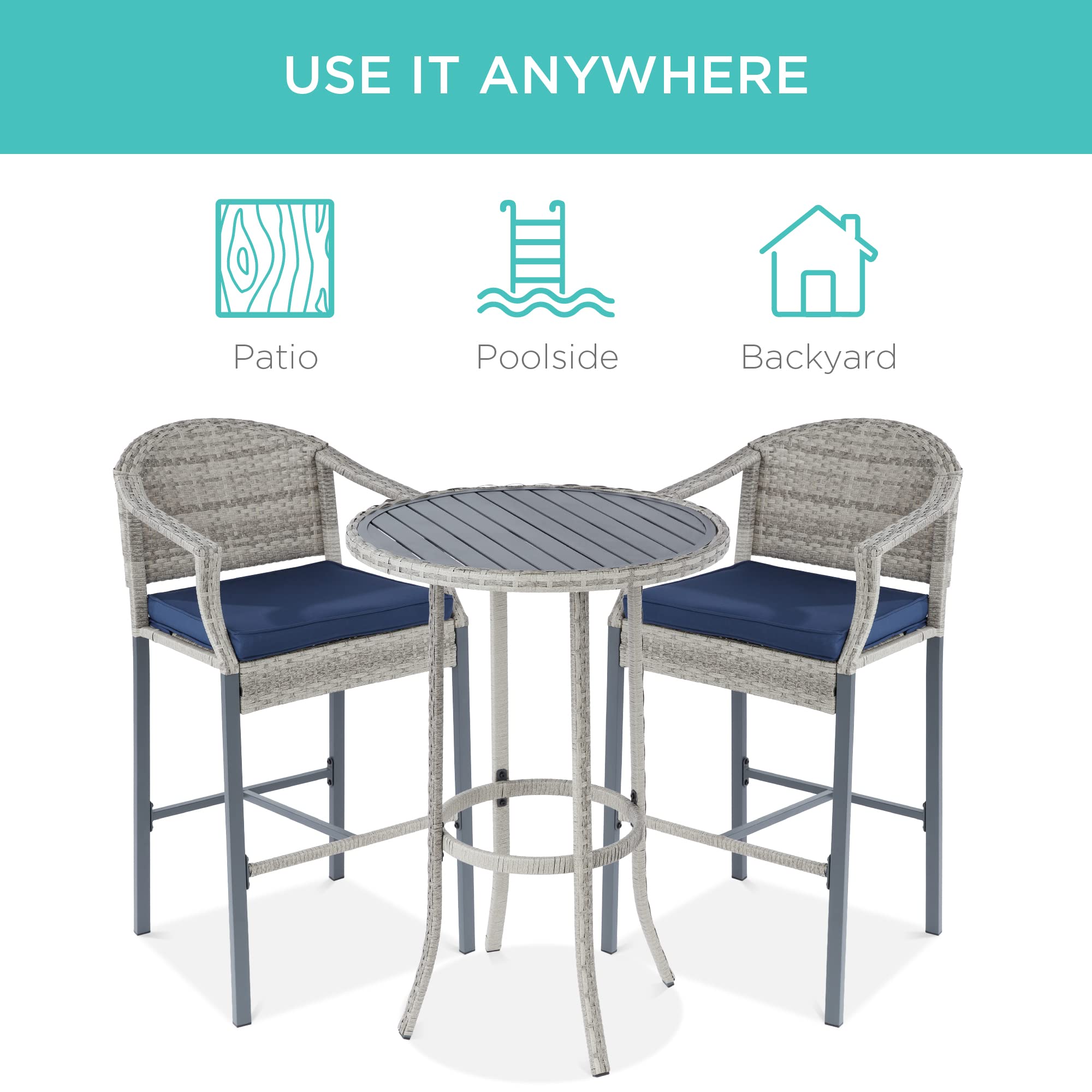 Best Choice Products 3-Piece Patio Bar Table Set, Outdoor Wicker Bar Height Bistro Furniture for Backyard, Poolside, Balcony w/Barstools, Cushions, Steel Frame β Gray/Blue