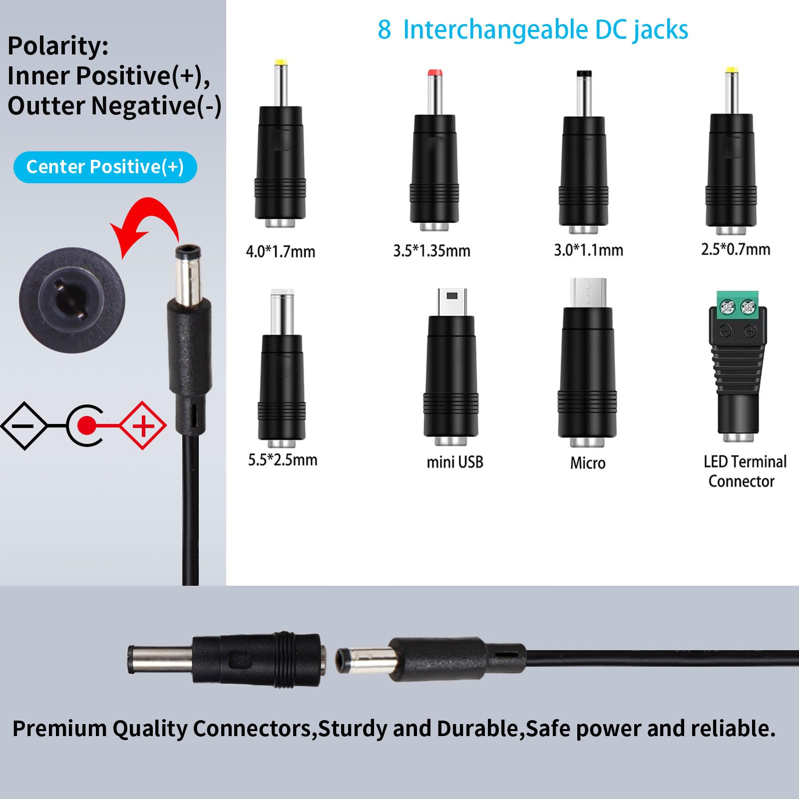 5V 2A 1A AC Adapter Power Supply Charger DC in 5Volt 2 Amps Regulated Switching Power with 8 Interchangeable Jacks