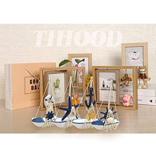 TIHOOD 4PCS Mini Sailboat Model Decoration Wooden Miniature Sailing Boat Home Decor Set, Beach Nautical Design, Navy Blue and White, 4.4 x 6.8 Inch