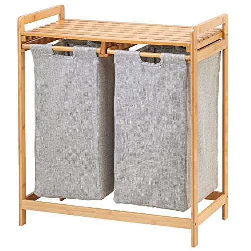 mDesign Freestanding Bamboo 2 Section Double Laundry Organizer Hamper with Removable Storage Sorter Bags, Space-Saving Basket Duo with Handles for Clothes/Linens - Echo Collection - Natural/Tan