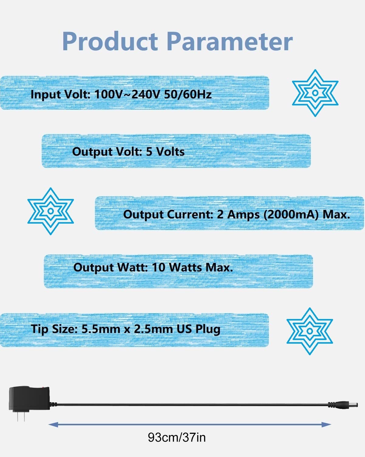 5V 2A AC Adapter Power Supply, AC 100-240V 50/60Hz Input to DC 5 Volt 2Amp Universal Transformer, 5.5mm x 2.5mm US Plug