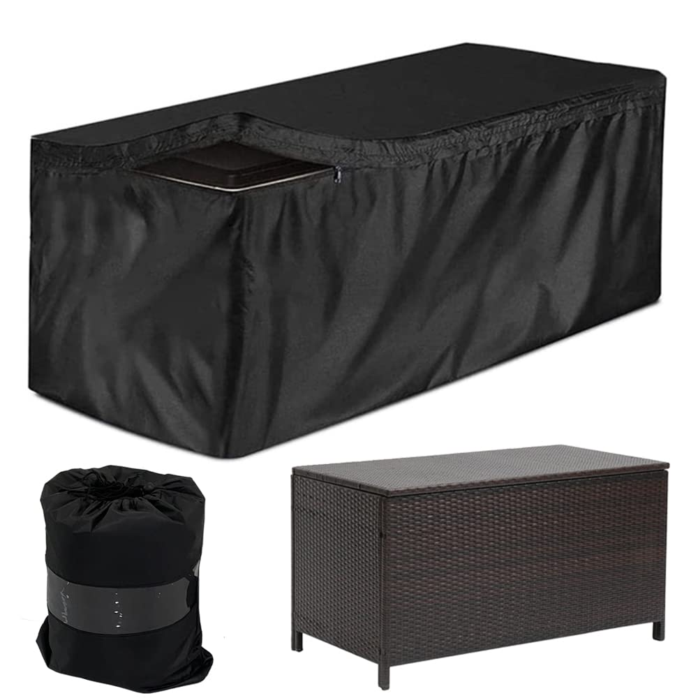 SUNSURE Deck Box Cover Heavy Duty Waterproof Outdoor Ottoman Bench Cover for Keter Large Deck Boxes Rectangular Storage Box Cover with Drawstring and Zipper (62x32x28in)