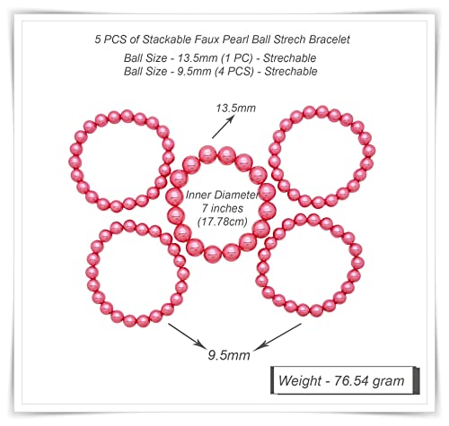 BA UNIQUE FASHION Women's Simulated Pearl Stretch Bracelet 5 PCS Set (Watermelon Pink)