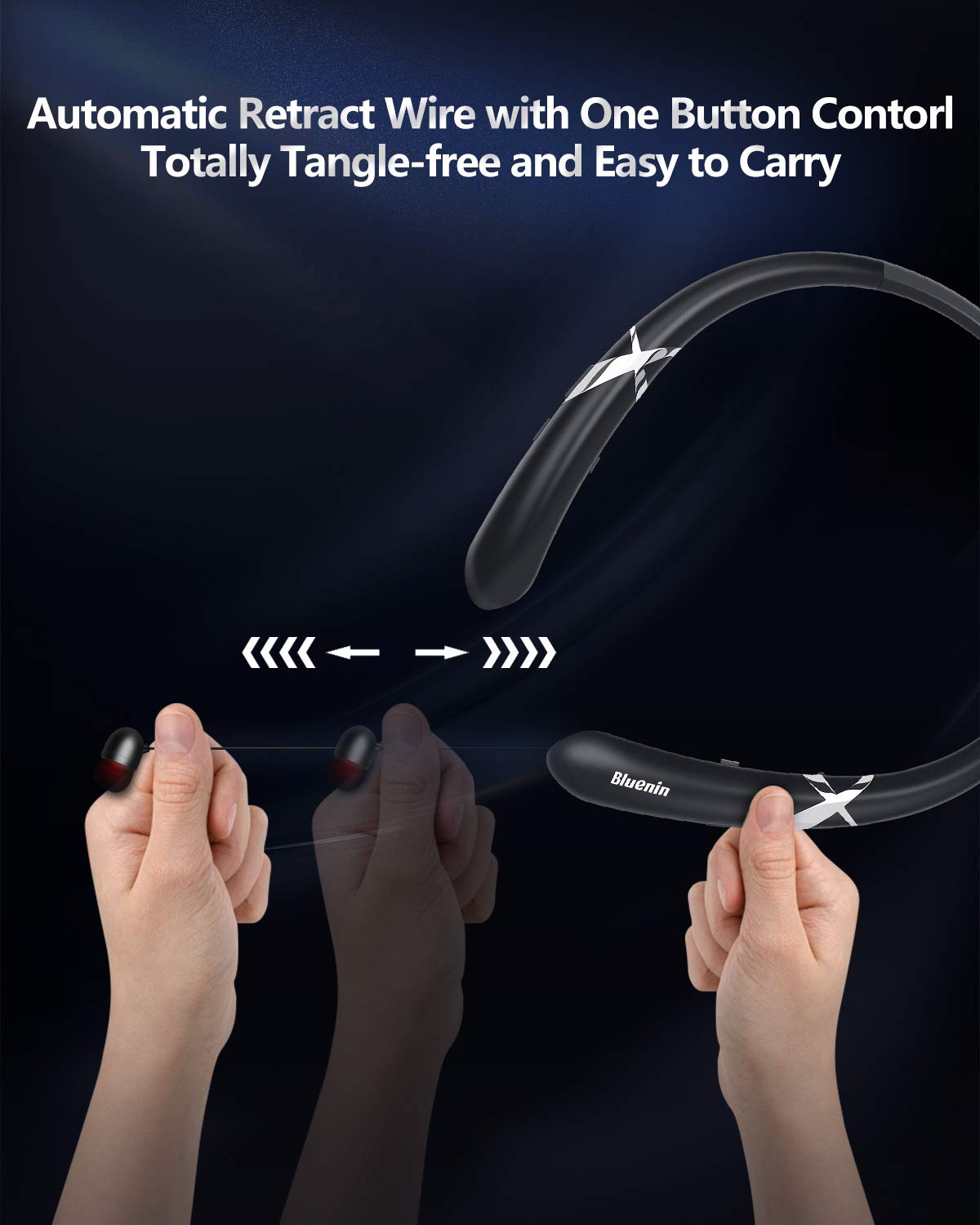Bluenin Bluetooth Headphones, Bluetooth Neckband Wireless Headphones Bluetooth 5.0 Retractable Earbuds Stereo Headset CVC 8.0 Noise Cancelling Call Vibrate Alert Earphones with Mic (Black)