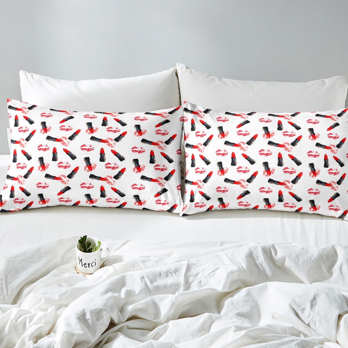 Feelyou Kiss Duvet Cover Set Queen Size, Feminine Red Lips Comforter Cover Set, Lipstick Print Decor Sexy Mouth Makeup Pattern Bedding Set, Bedding Collection Burgundy Pink Bedspread Cover