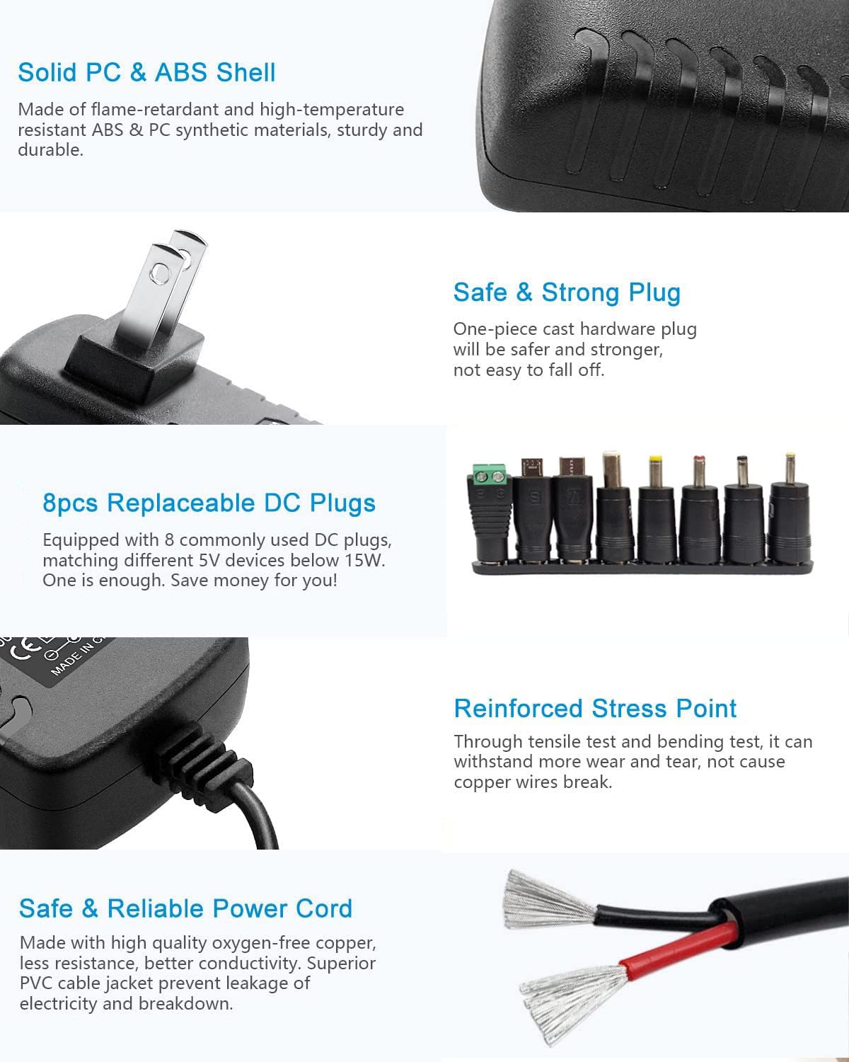 5V 3A 15W Power Supply Adapter AC/DC Adapter 5V Power Cord 100V-240V AC to DC 5Volt 3A 2A 1A Power Adapter Transformers USB 8 Tips 5.5x2.1mm 4.0x1.7mm 3.5x1.35mm 3.0x1.1mm 2.5x0.7mm Micro-USB