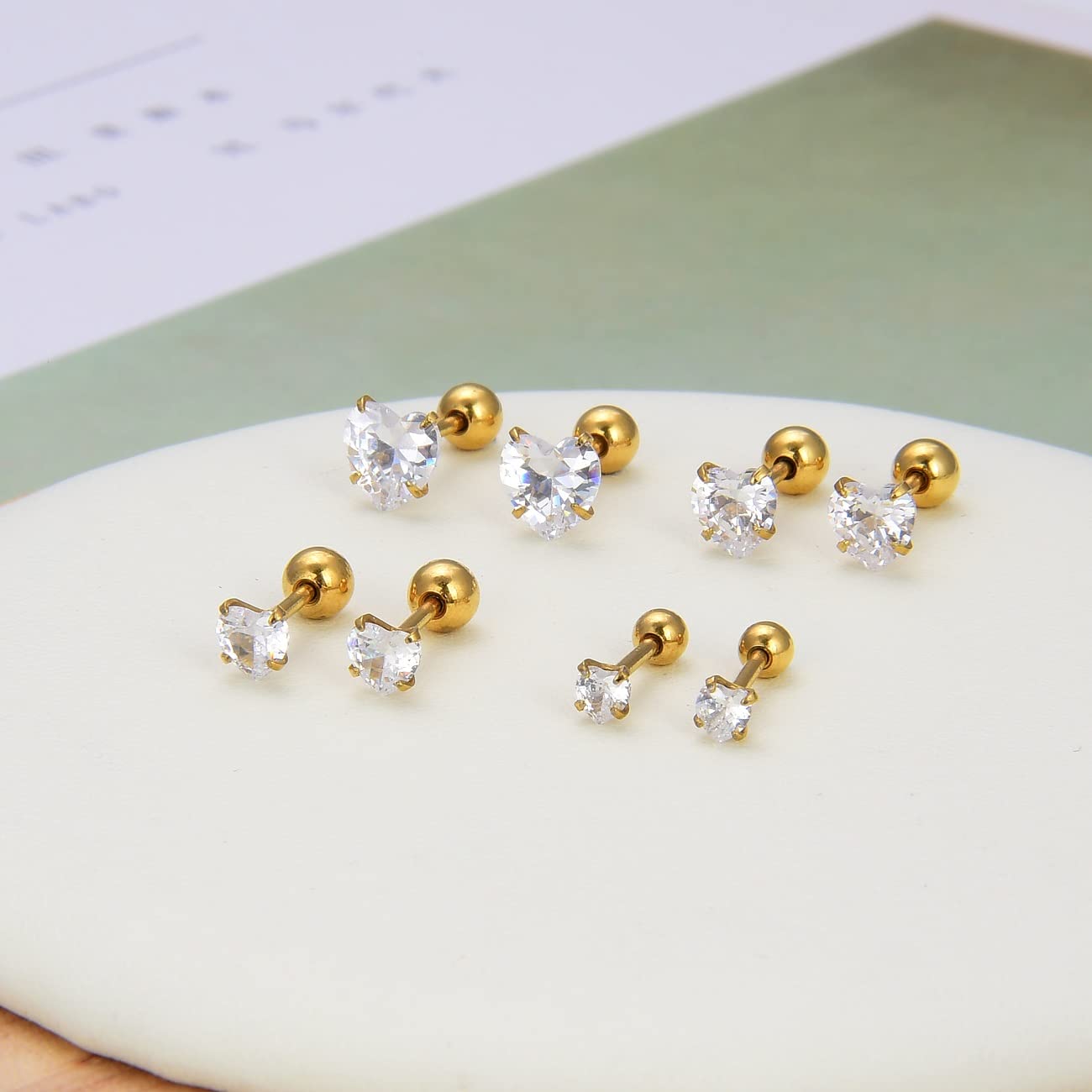 4 Pairs Screw Back Surgical Stainless Steel Stud Earrings, Gold Plated Silver Heart Star Square Princess Cut Round CZ Cubic Zirconia Stud Earrings Set (Gold Heart CZ)