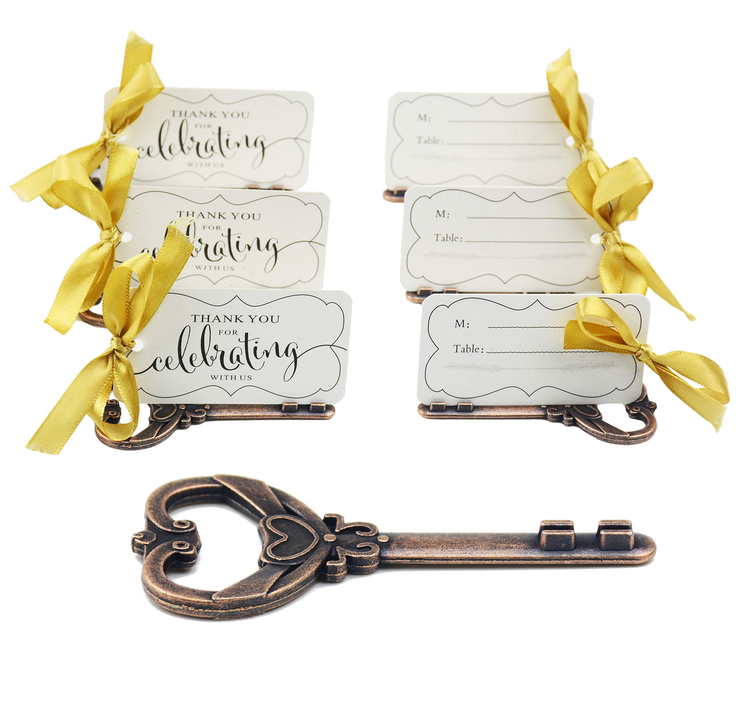 Aokbean 50pcs Skeleton Key Bottle Opener Place Card Holder for Weddings Table Name Cards for Guests Souvenirs with French Ribbon (Antique Copper)