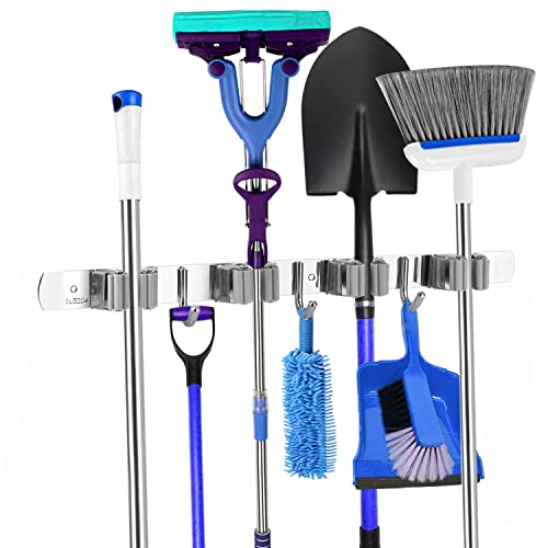 Bosszi Mop and Broom Holder, 3 Positions 4 Hooks Heavy Duty Hanger Wall Mounted Stainless Steel Organizer for Holders, Home Laundry Bathroom, Garage Storage System Utility Tools Rack Storage, Grey