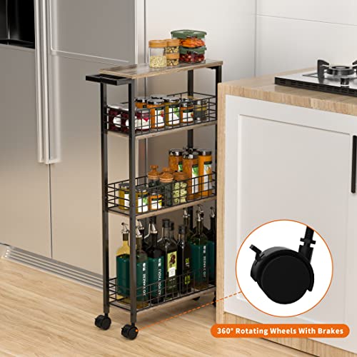 LUMAMU Slim Storage Cart for Small Spaces, 4 Tier Mobile Rolling Cart with Wheels Slide Out Storage Utility Shelves Cart with Wooden for Kitchen Narrow Spaces