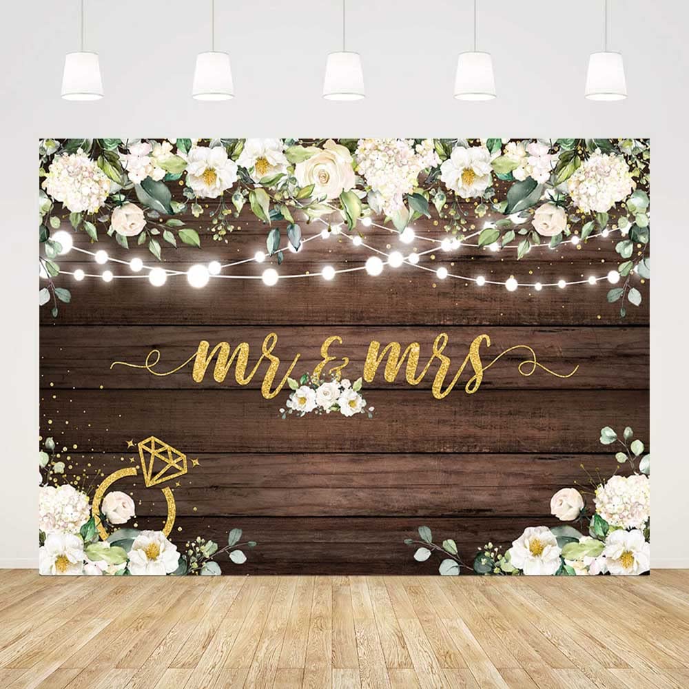 AIBIIN 7x5ft Mr & Mrs Backdrop for Wedding Bridal Shower Rustic Wooden White Flowers Photography Background Wedding Bachelorette Party Decirations Banner Photo Booth Props