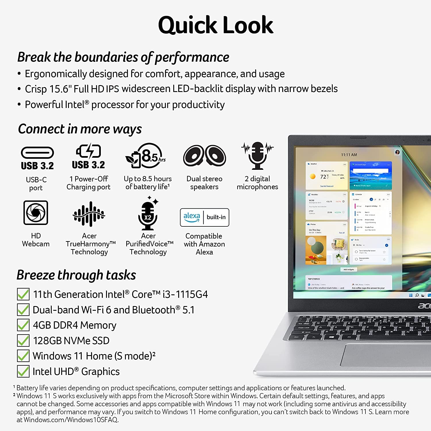 acer Aspire 5 15.6" FHD IPS Slim Laptop 2023 Newest, Intel Core i3-1115G4 Processor, 20GB RAM, 1TB NVMe SSD, WiFi 6, USB, RJ-45, Webcam, Amazon Alexa, Windows 11 +Mousepad