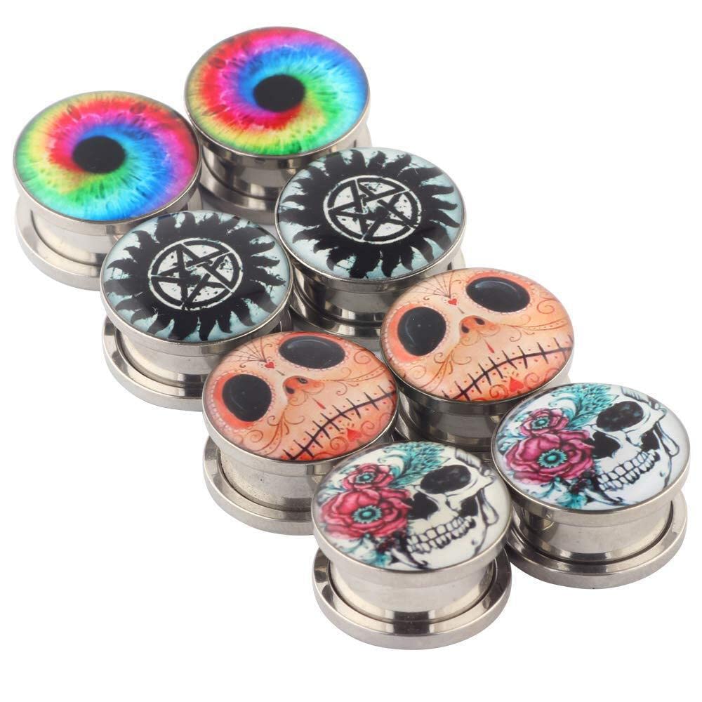 4 Pairs Surgical Steel Skull Ear Tunnels and Plugs 2g 0g 00g Earrings Gauges Expander Plugs for Ear (6mm=2g)
