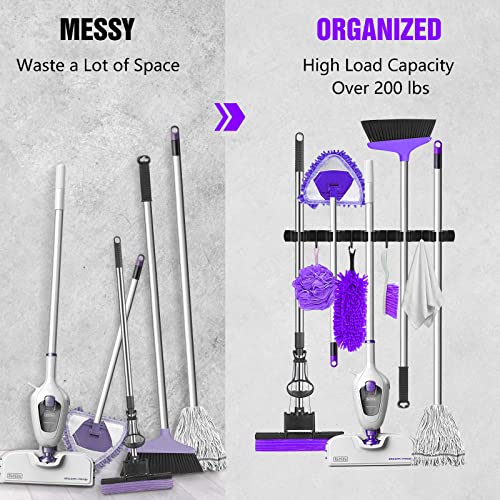 NisuAM Broom and Mop Holder Wall Mount with 5 Slots 4 Hooks, Broom Hanger Self Adhesive, Black Matte Garage Rack & Tool Organizer, Home Storage Shelving for Closet Door,Cabinet,Lanudry