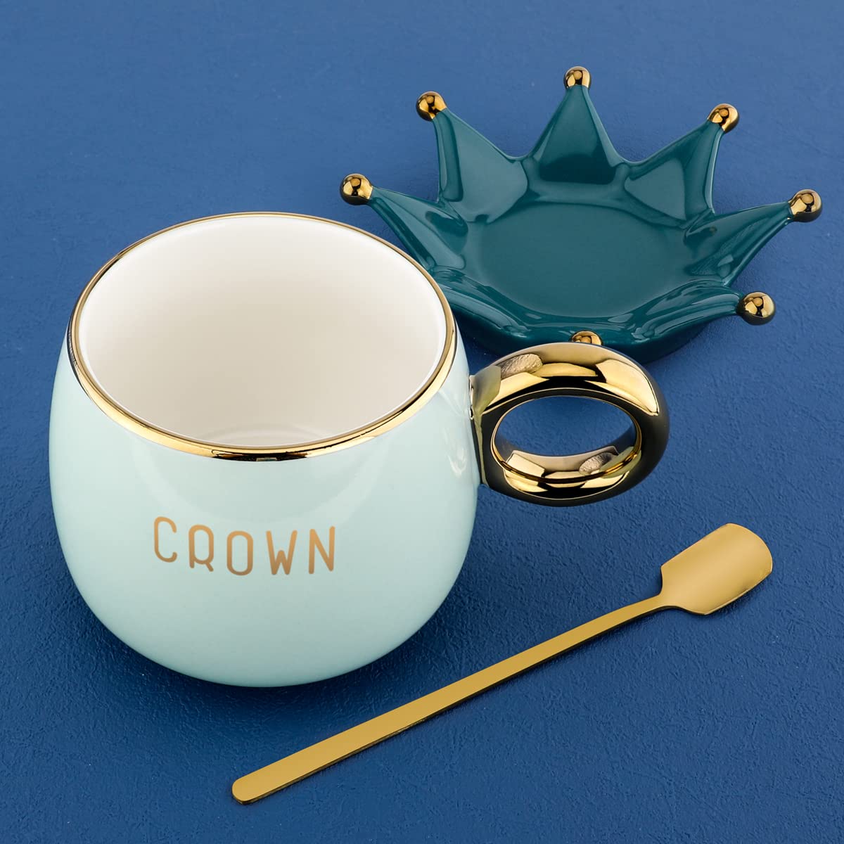 7.4 OZ Mug Ceramic Coffee Cup with Crown Saucer & Spoon, Christmas Gifts Mom Birthday Gifts Mother's Day for Mother,Espresso Coffee mug Tea cup (green)