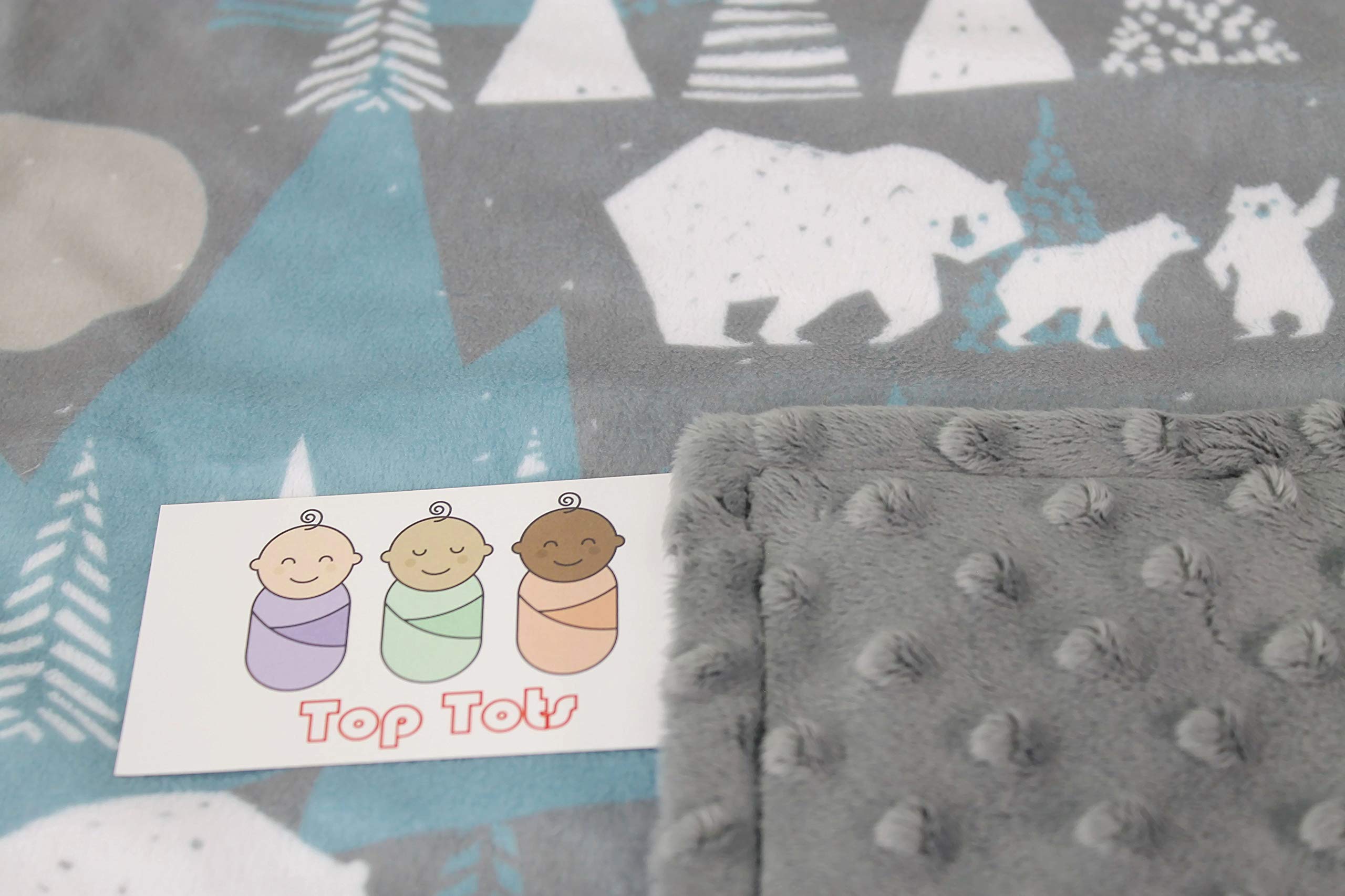 Top Tots Deluxe Baby Blanket - White Bear and Trees, Minky Dot, Grey