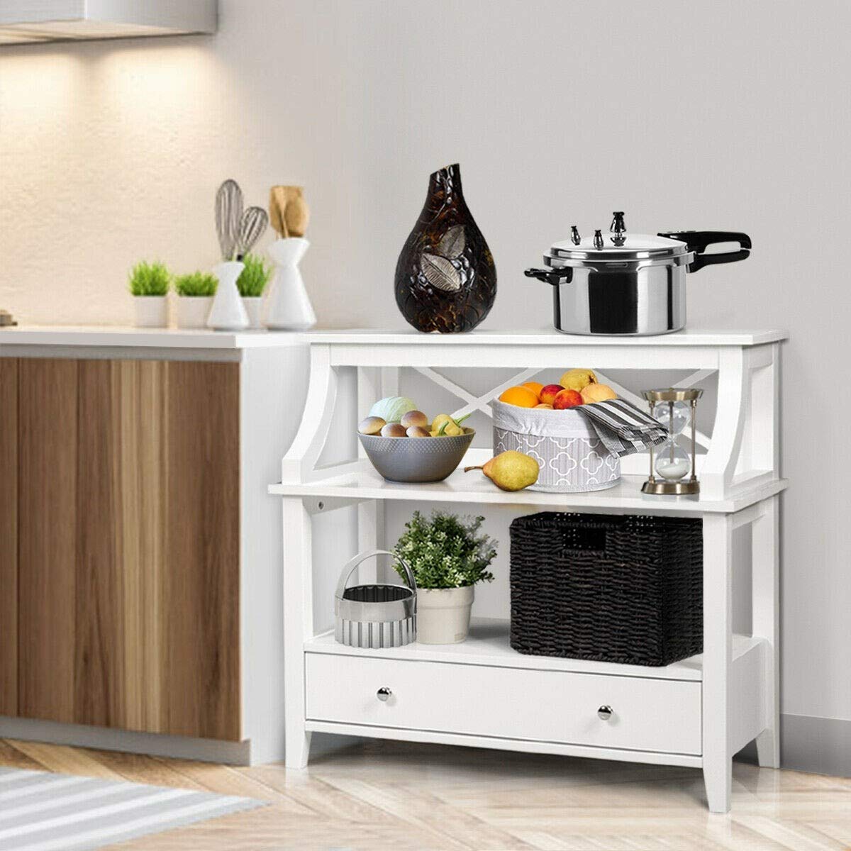 3-Tier Multipurpose Rack Storage Rack End Table Side Table with Slide Drawer Furniture Home for Living Room, Bedroom, Office, White