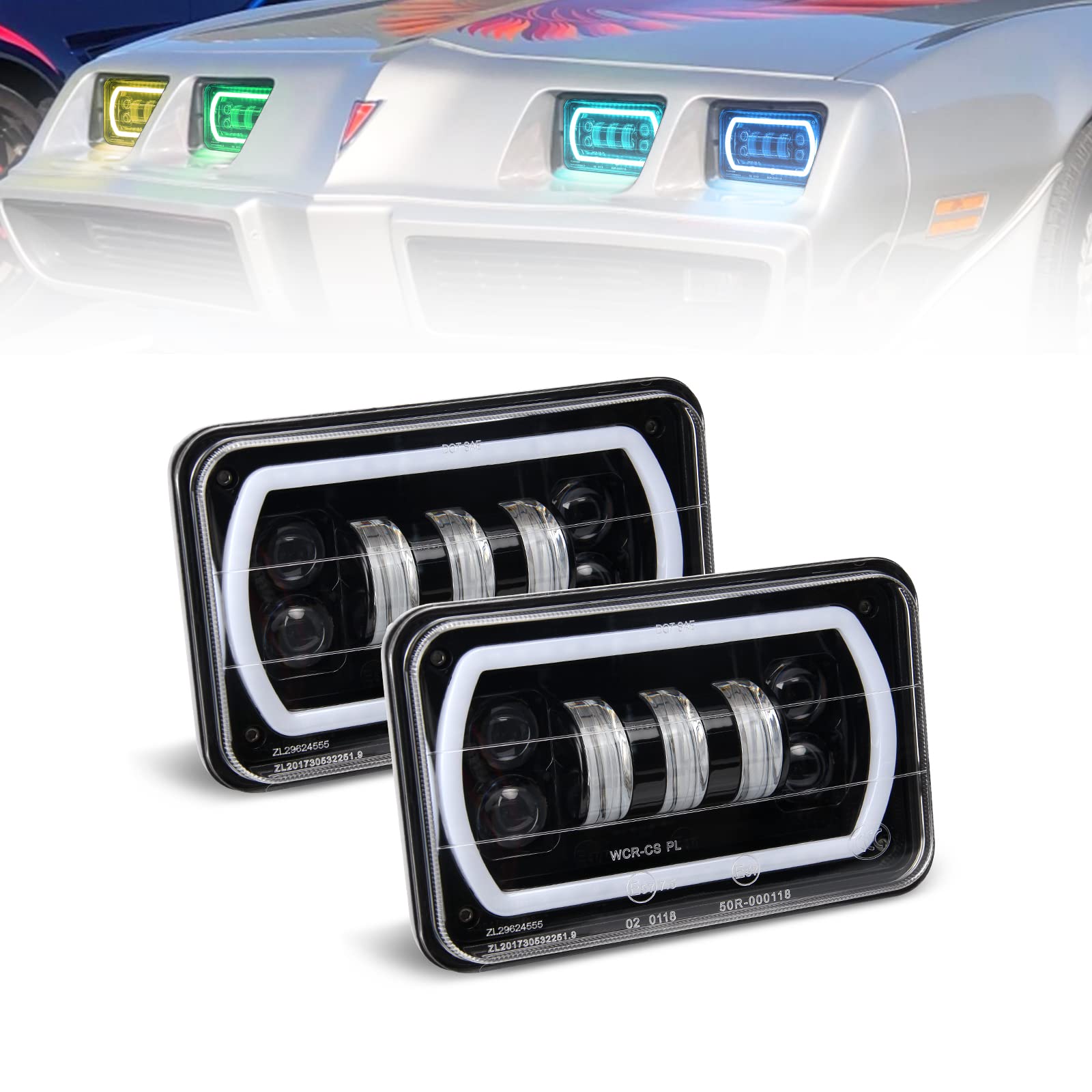 4x6 Led Headlight RGB Halo Ring, Music Mode, Smartphone APP Control, Seal Beam Replace H4651 H4656 H4666 Rectangular Square Headlights for Trucks Peterbilt Kenworth Monte Carlo Oldsmobile (2PC Pack)
