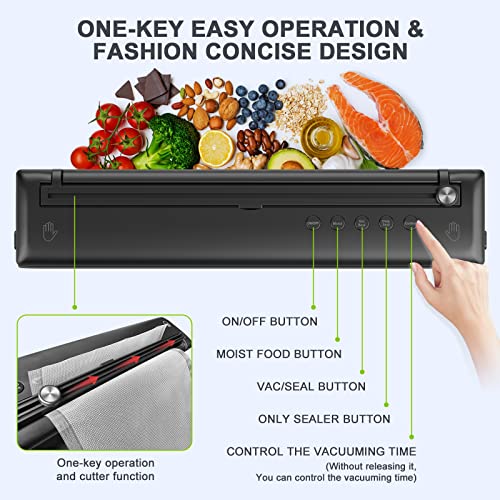BEYUAM Vacuum Sealer, Food Saver Vacuum Sealer Machine with Auto&Manual Options for Food Storage, 5 in1 Food Vacuum Sealer with Dry&Moist Modes, LED Indicator Lights, Compact Design, Includes 15PCS Vacuum Seal Bags,1 Air Suction Hose, 1Cutter (Black)