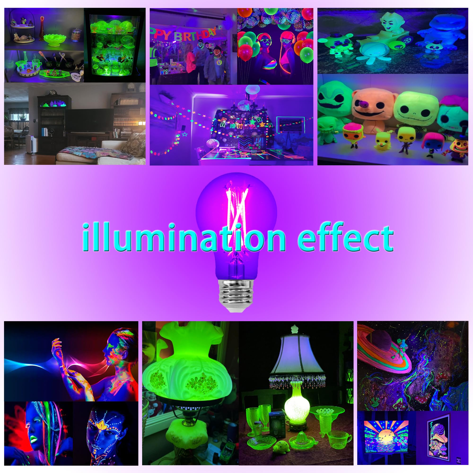 TITO 2 Pack E26 A19 Filament LED Black Light Bulbs, UVA 395nm 6W Blacklight Bulb 100W Equivalent, Black Light Bulb Glow in Dark Halloween Christmas Party Fluorescent Tapestry Poster Decor Body Paint