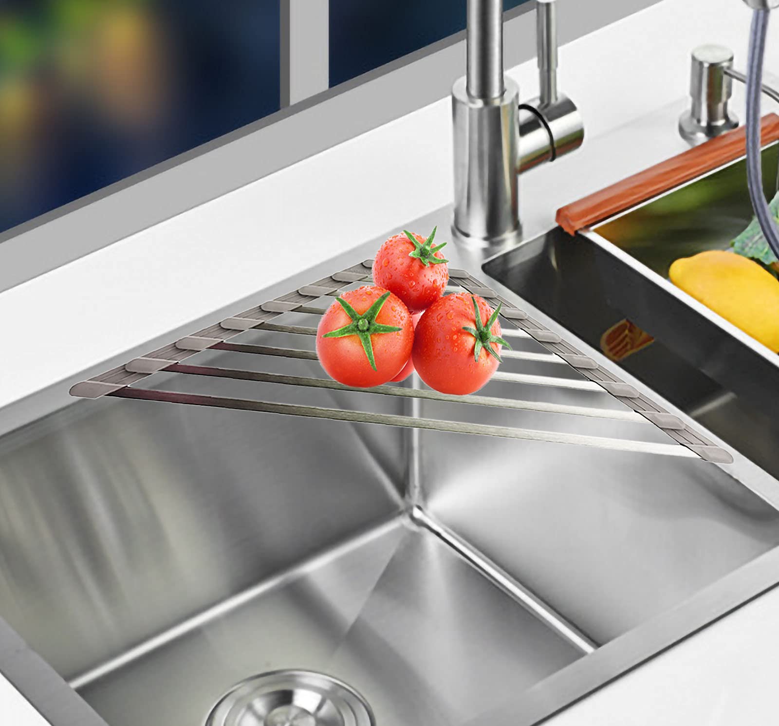 Ahyuan Corner Sink Dish Drainer Over The Sink Dish Drying Rack Corner Dish Rack SUS304 Cubic Stainless Still Kitchen Sponge Holder Corner Sink Sponge Caddy Dish Rack (Gray)