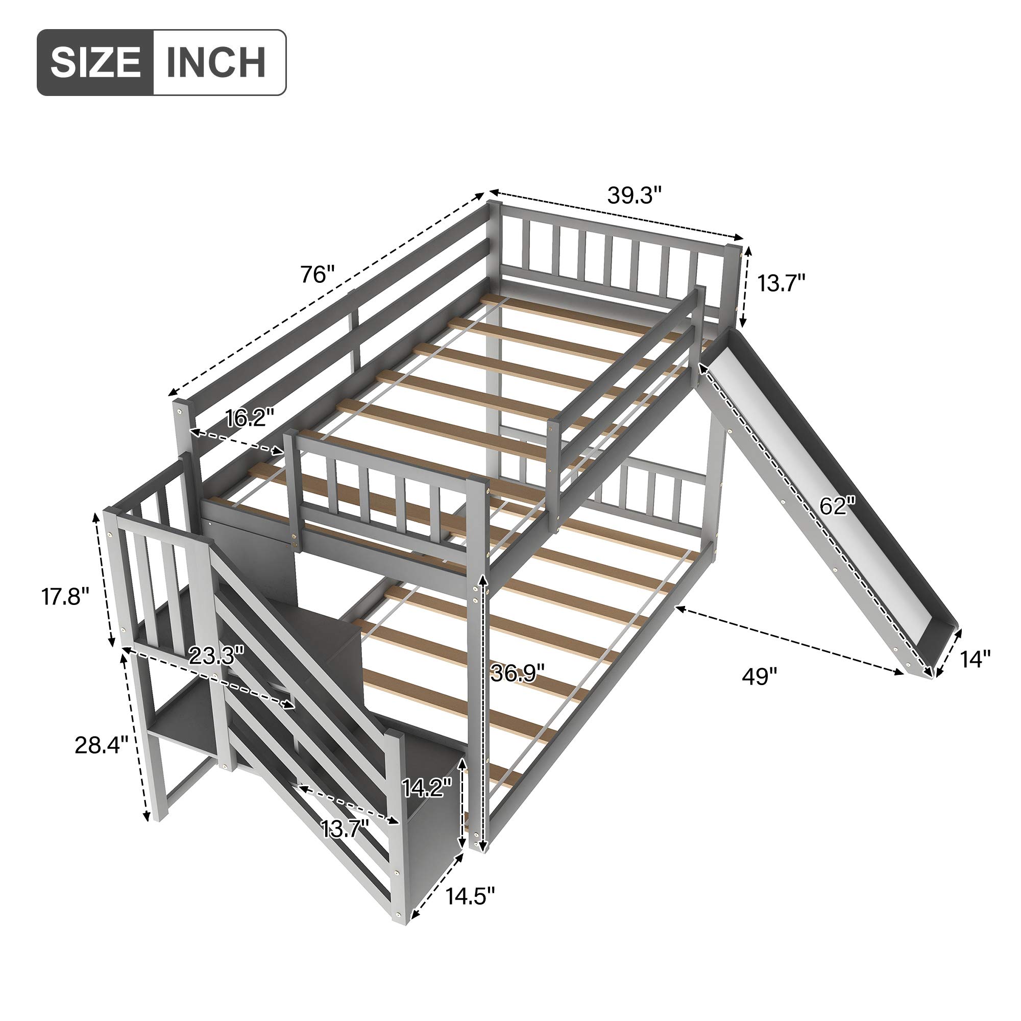 Twin Over Twin Bunk Bed with Slide and Storage Staircase, Twin Size Bunk Bed for Kids, Teens, No Box Spring Needed (Gray, Twin Over Twin)
