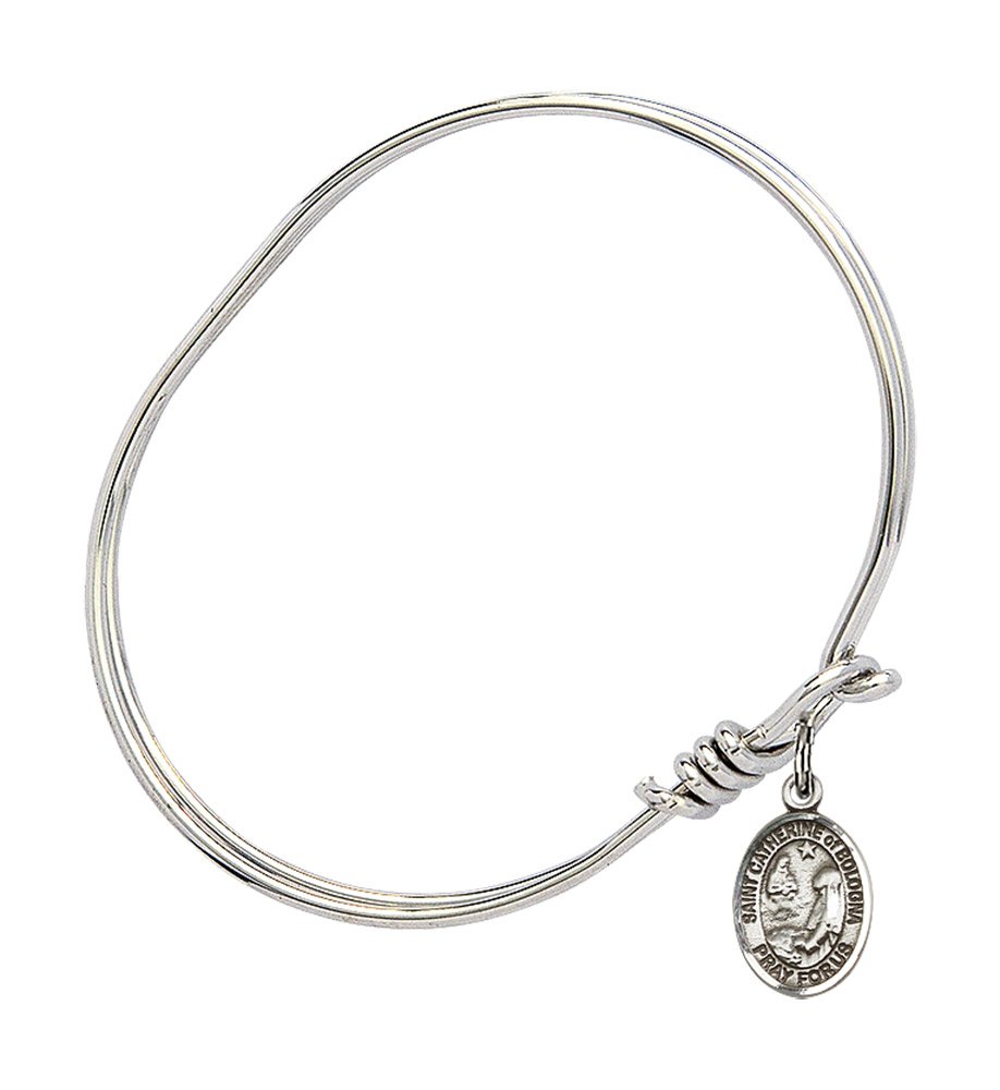 5 3/4 inch Oval Eye Hook Bangle Bracelet w/St. Catherine of Bologna in Sterling Silver