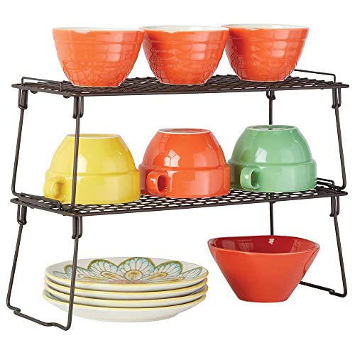 mDesign Metal Stackable Storage Shelf - 2 Tier Raised Food and Kitchen Organizer for Cabinets, Pantry Shelves, Countertops, Closet, 2 Pack, 7" x 17.3" x 6.5" - Bronze