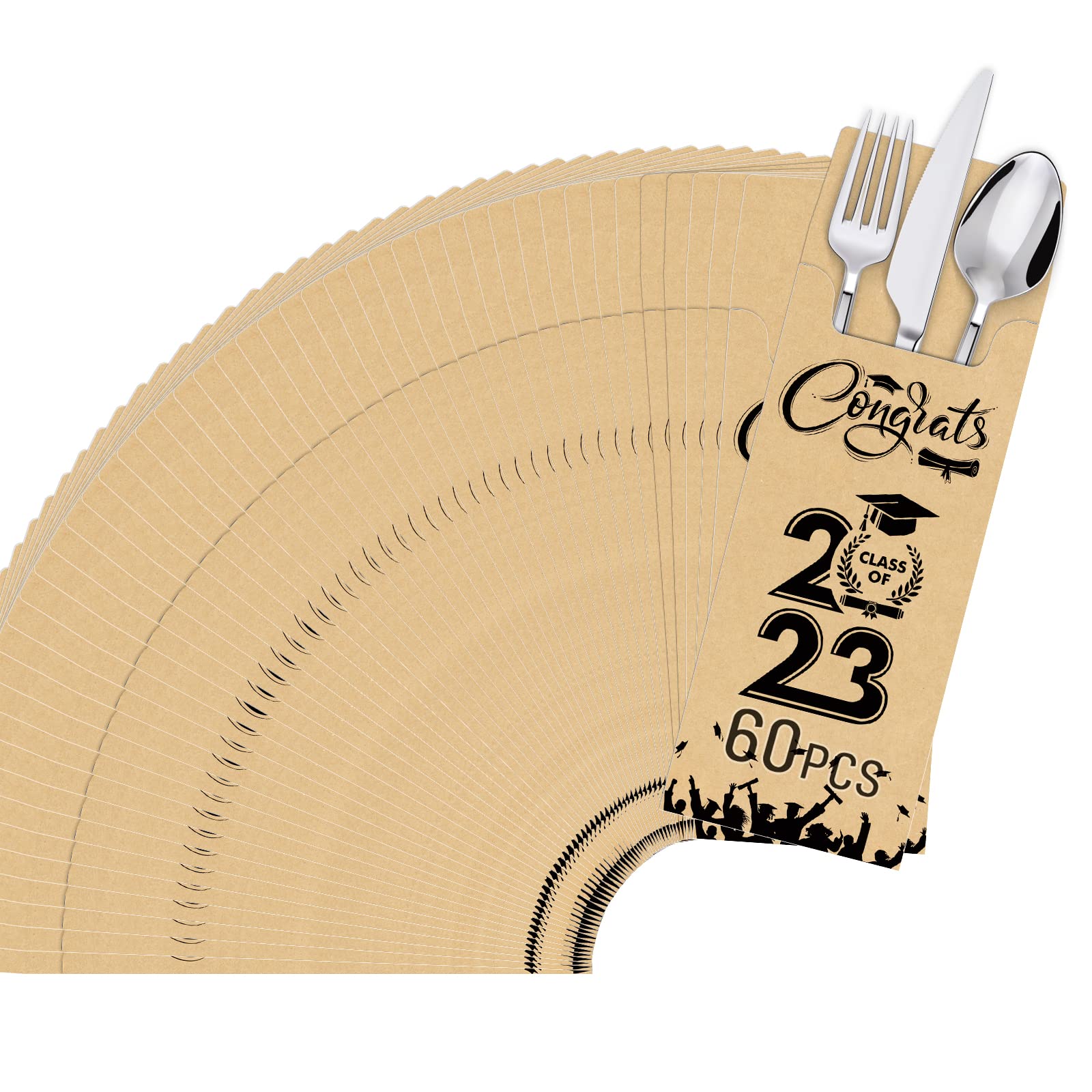 60 Pieces Graduation Silverware Bags Utensil Cutlery Holders Class of 2023 Graduation Party Supplies for College, Senior, High School Congrats Grad Centerpiece Table Decor (Kraft Paper)
