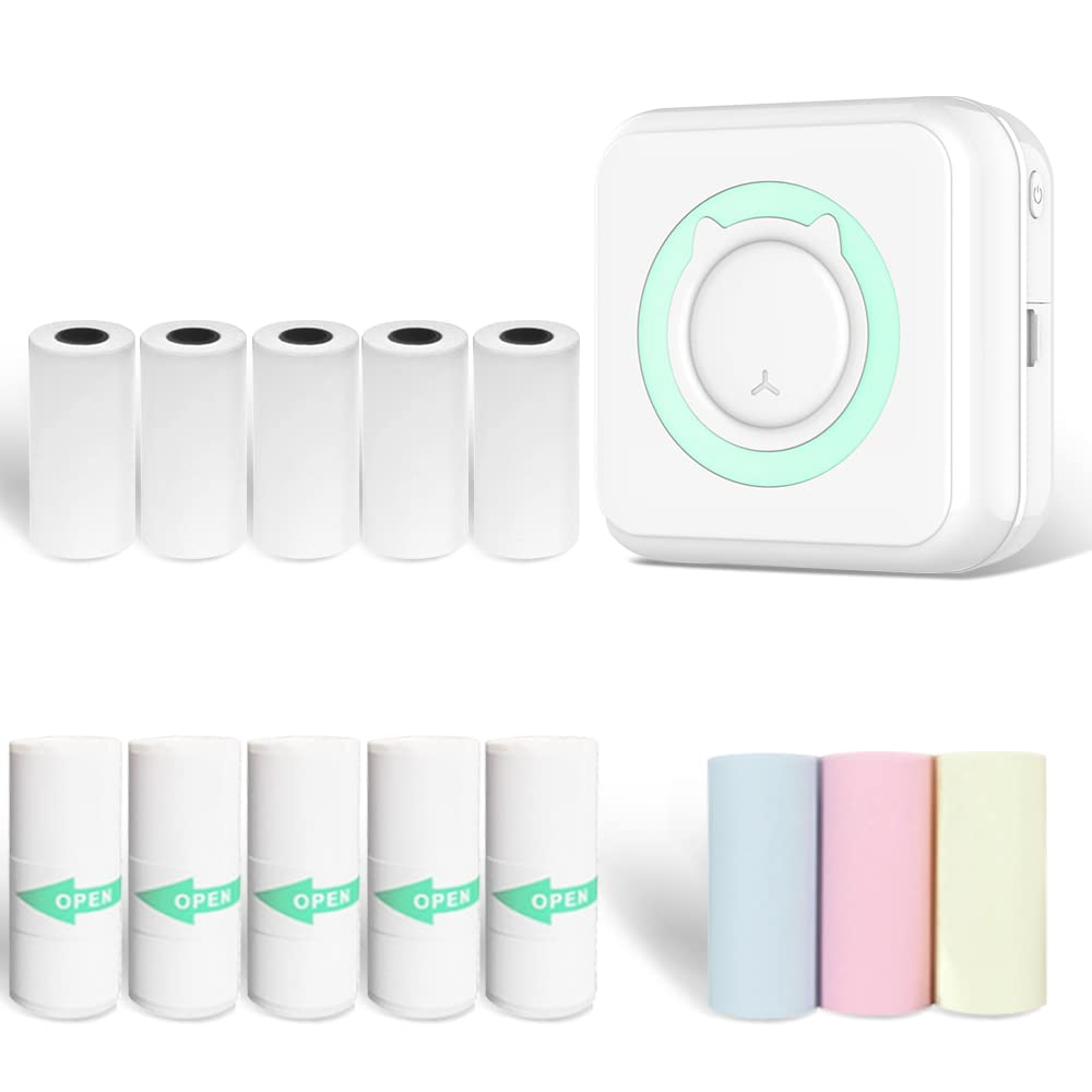 Mini Thermal Printer, Inkless Sticker Printer for Phone, Free Cut Photo Printer Compatible with iOS&Android, Small Pocket Printer for Notes, Study, Children DIY, Blue (8pcs Print Paper+5pcs Sticker)
