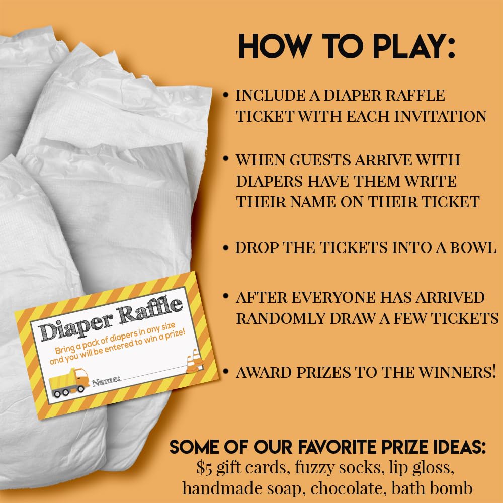 Amanda Creation Baby Under Construction Diaper Raffle Tickets for Baby Boy Showers, 20 2" X 3β Double Sided Insert Cards for Games, Bring a Pack of Diapers to Win Favors & Prizes!