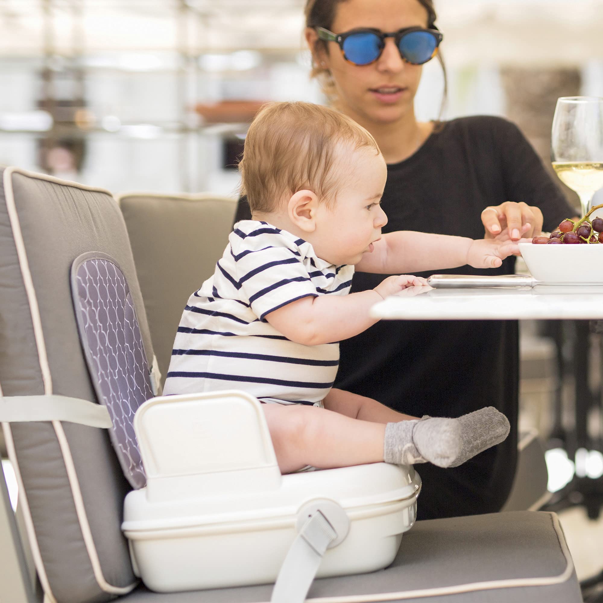 New Baby Booster Seat for Dining Table by Benbat. Portable, Washable Infant Feeding High Chair. Easy Folding & Adjustable Safety Harness (Gray)