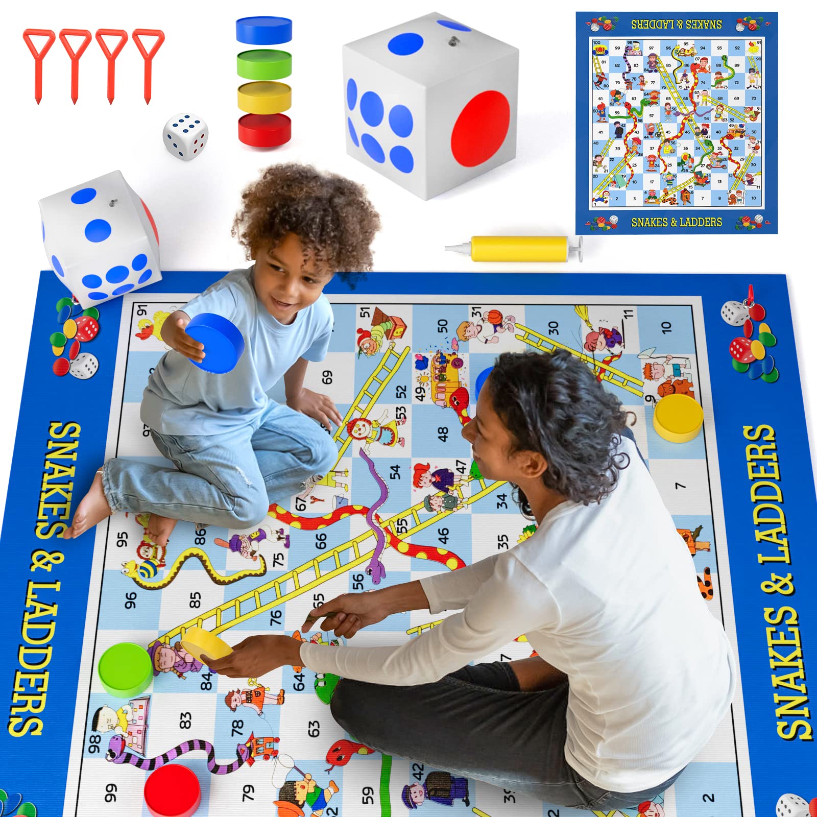 Board Game-Snake & Ladder Game Set, with 63"*70" Board, Huge Inflatable Sieve, 4 Chess Pieces and 4 Nails, Preschool Educational Toys 3 4 5 6 7 8 9 Year Old Boys and Girls for Birthday Gift Toys