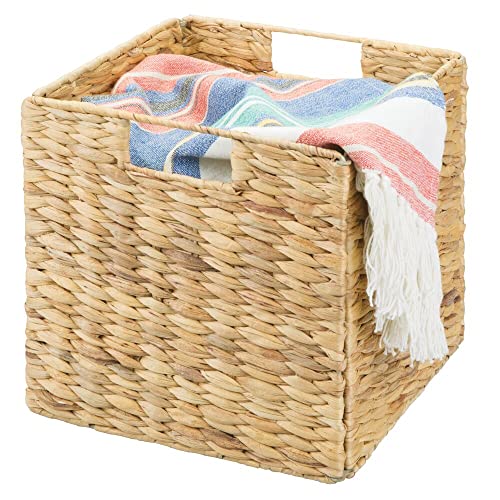 mDesign Natural Woven Hyacinth Cube Bin Basket Organizer with Handles, Storage for Bedroom, Home Office, Bathroom, Shelf and Cubby Organization, Hold Blankets, Magazines, Books, 4 Pack, Natural/Tan