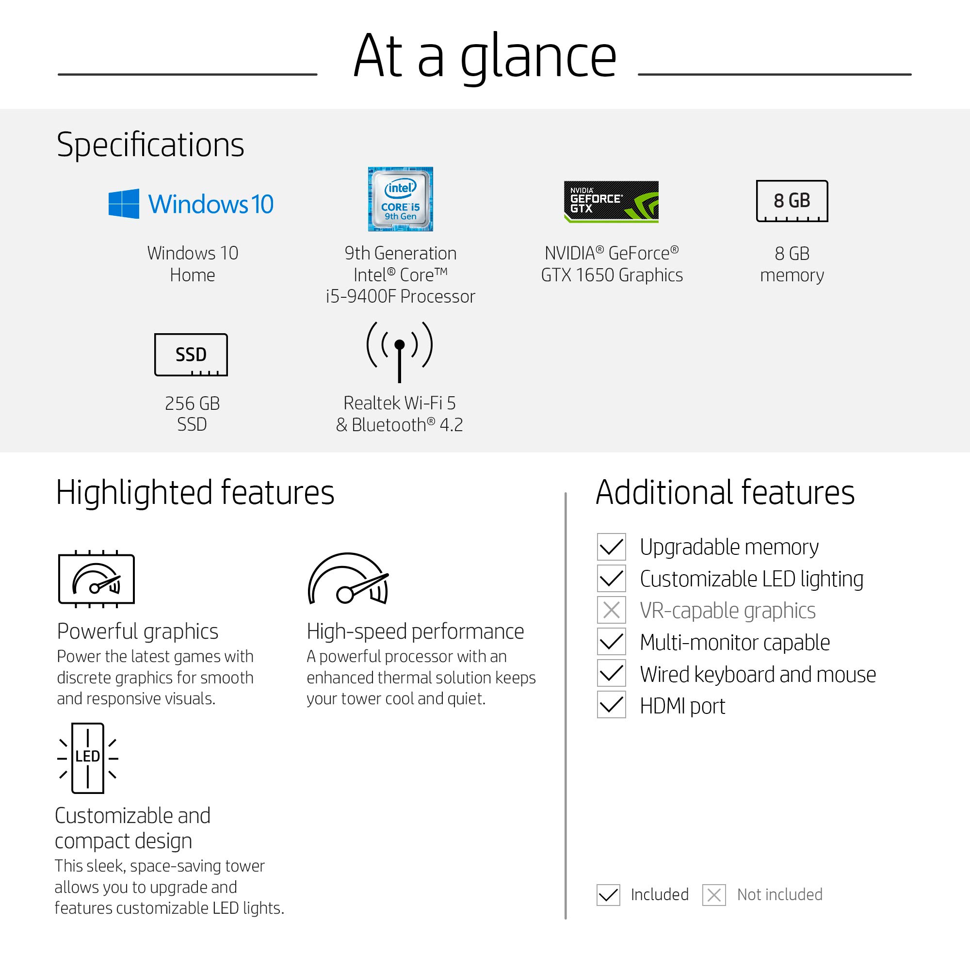 HP Pavilion Gaming Desktop Computer, 9th Generation Intel Core i5-9400F Processor, NVIDIA GeForce GTX 1650 4 GB, 8 GB RAM, 256 GB SSD, Windows 10 Home (TG01-0020, Black)