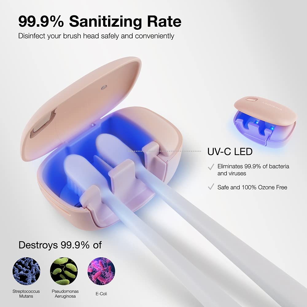 LocknLock UV Toothbrush Sanitizer/Cover for Home/Travel, USB Rechargeable Battery, Dual, Pink