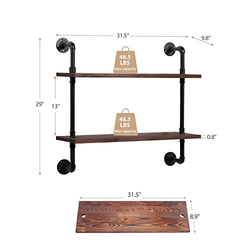 JAXPETY Industrial Floating Shelf 2-Tier Wall Mounted Pipe Shelves Rustic Wood Shelf Metal Bracket Storage Space Display Bookshelf for Bedroom, Living Room, Office