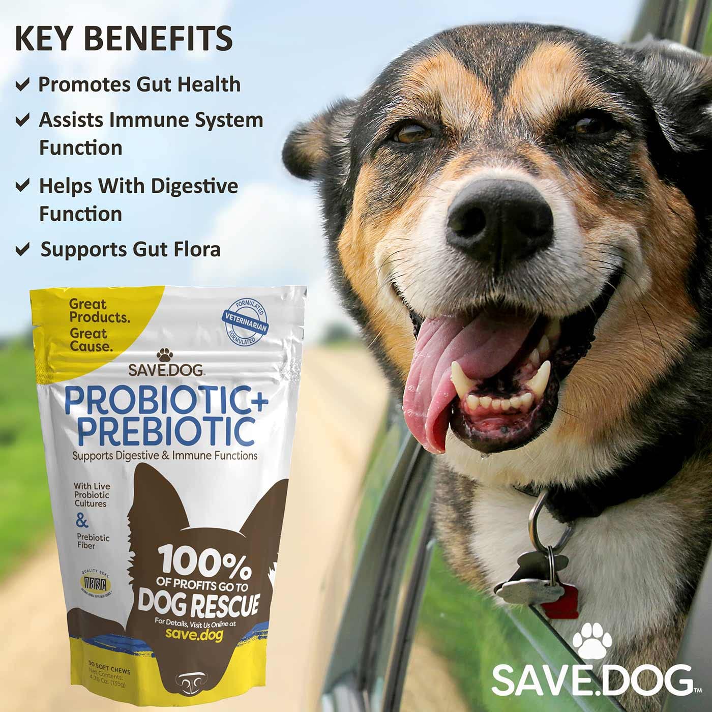 SAVE.DOG Probiotics for Dogs β Dog Probiotic Chews for Dogs with Clinically-Studied BC30 Probiotic + Prebiotic for Digestive & Immune Health - Dog Supplement with a Cause (90 Chews)